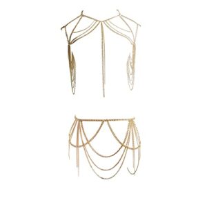 sinkcangwu sexy body chain set layered necklace bra waist chain summer fashion bohemian jewelry suit for beach party holidy (gold)