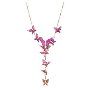 swarovski lilia y-necklace with pink butterfly motifs and pink crystal pavé, rose gold-tone plating, on a rose gold-tone finish chain, part of the lilia collection