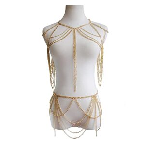 Sinkcangwu Sexy Body Chain Set Layered Necklace Bra Waist Chain Summer Fashion Bohemian Jewelry Suit for Beach Party Holidy (Gold)