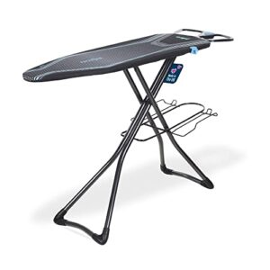 minky homecare ergo plus prozone ironing board made in uk freestanding full size iron table with heat reflective cover, thick felt underlay and large 48" x 15" ironing surface (gunmetal and blue)