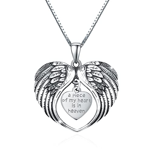 TUGHRA Angel Wing Necklaces 925 Sterling Silver Keepsake Necklace Heart Charm Memorial Pendant A Piece of My Heart Is In Heaven Pendant Necklace for Women