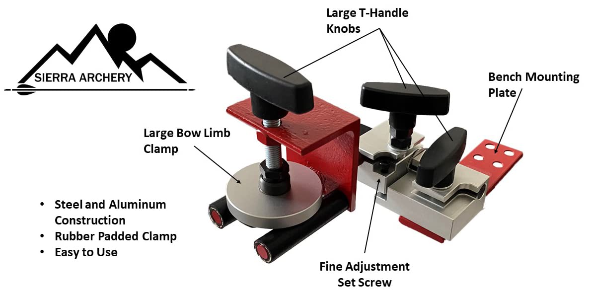 Sierra Archery - Next Level Bow Vise for DIY Archery Mechanics | Includes 2 Piece Bow Level Kit | for Bow Tuning, Set Up, and Repairs | 3 Axis Adjustments | Mounts to Workbench