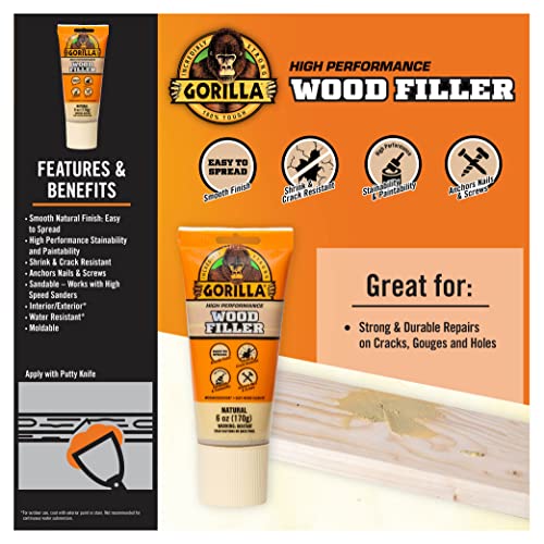 Gorilla All Purpose Wood Filler, 6oz Tube, Natural (Pack of 1)