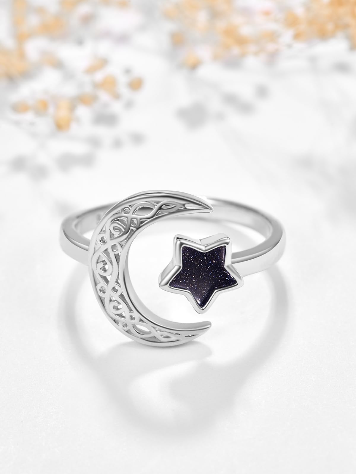 Dreamboat Sterling Silver Moon and Star Rings for Women Blue Sandstone Ring Witchy Ring Crescent Moon Ring Celestial Galaxy Ring Star Jewelry Gifts Adjustable Open Ring 7 8 9