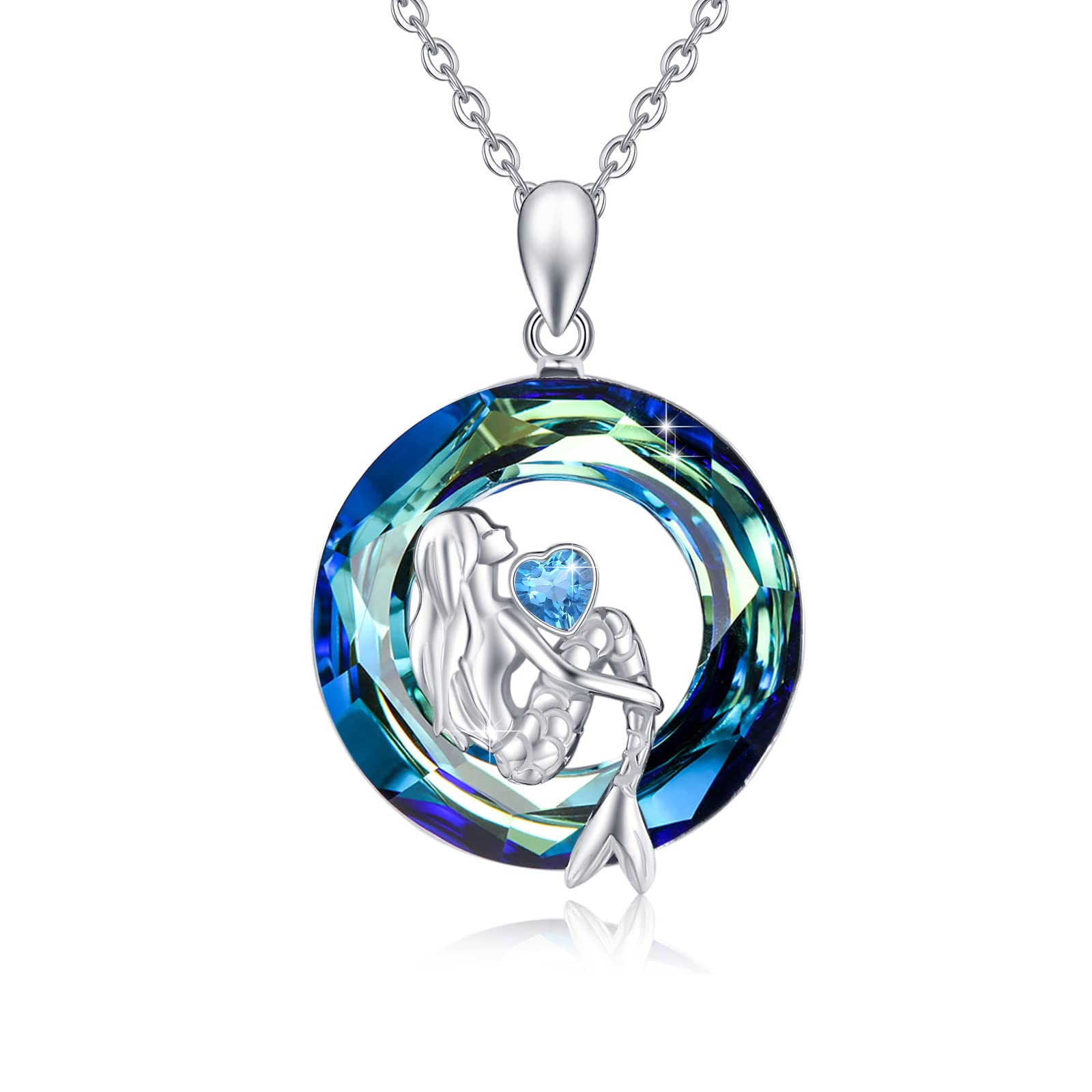 AOVEAO Crystal Mermaid Necklace 925 Sterling Silver Mermaid Ocean Circle Crystal Necklaces Mermaid Jewelry Gifts (Heart Mermaid Necklace)