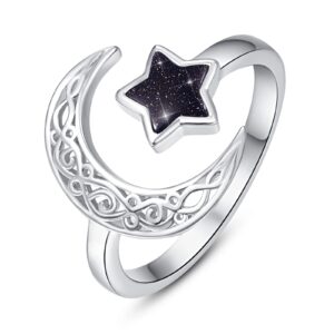 dreamboat sterling silver moon and star rings for women blue sandstone ring witchy ring crescent moon ring celestial galaxy ring star jewelry gifts adjustable open ring 7 8 9