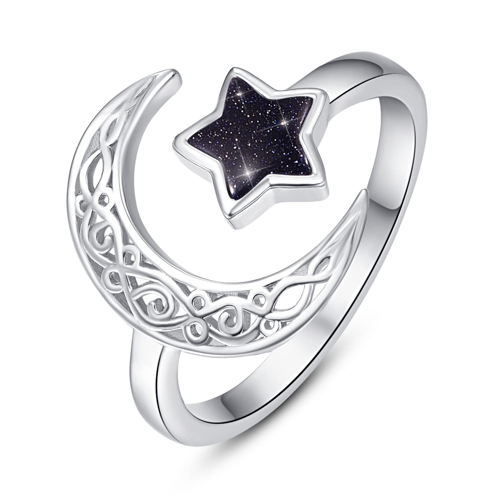 Dreamboat Sterling Silver Moon and Star Rings for Women Blue Sandstone Ring Witchy Ring Crescent Moon Ring Celestial Galaxy Ring Star Jewelry Gifts Adjustable Open Ring 7 8 9