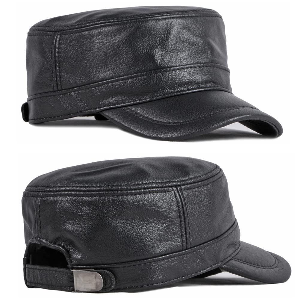 Men's Lambskin Leather Military Caps Cadet Army Caps Flat Top Cap