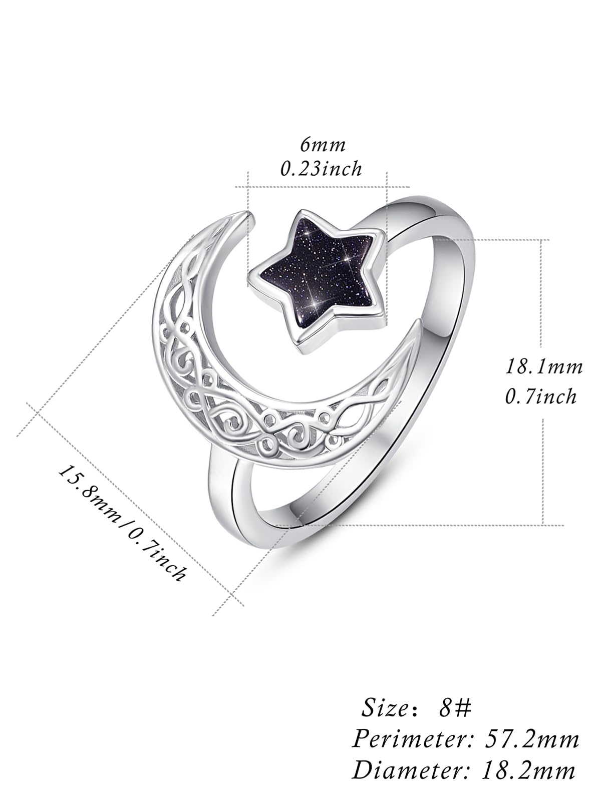 Dreamboat Sterling Silver Moon and Star Rings for Women Blue Sandstone Ring Witchy Ring Crescent Moon Ring Celestial Galaxy Ring Star Jewelry Gifts Adjustable Open Ring 7 8 9