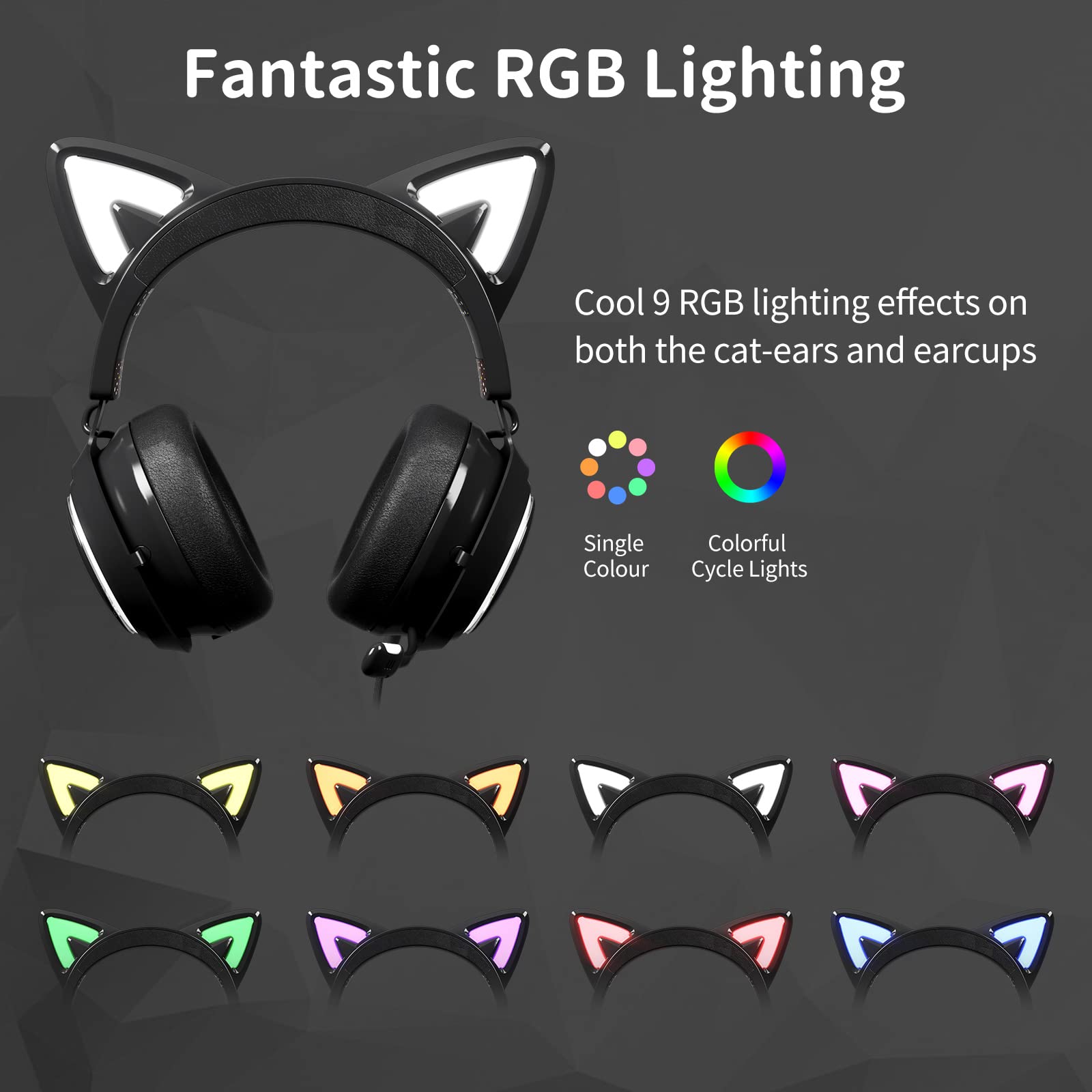 EASARS Cat Ear Headset, USB Gaming Headset with Retractable Mic, 7.1 Surround Sound, RGB Lighting, Wired Headset for PC, PS4, PS5