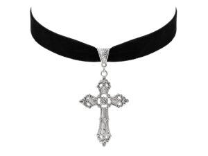 sacina gothic cross necklace, zinc alloy black cross necklace, halloween, christmas goth jewelry gift for women (silver color cross choker)