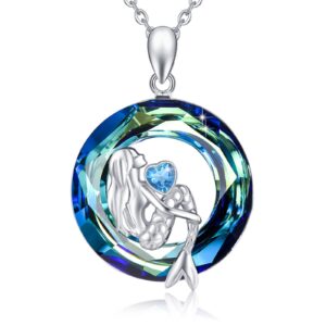 aoveao crystal mermaid necklace 925 sterling silver mermaid ocean circle crystal necklaces mermaid jewelry gifts (heart mermaid necklace)