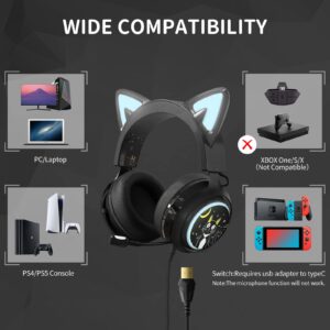 EASARS Cat Ear Headset, USB Gaming Headset with Retractable Mic, 7.1 Surround Sound, RGB Lighting, Wired Headset for PC, PS4, PS5