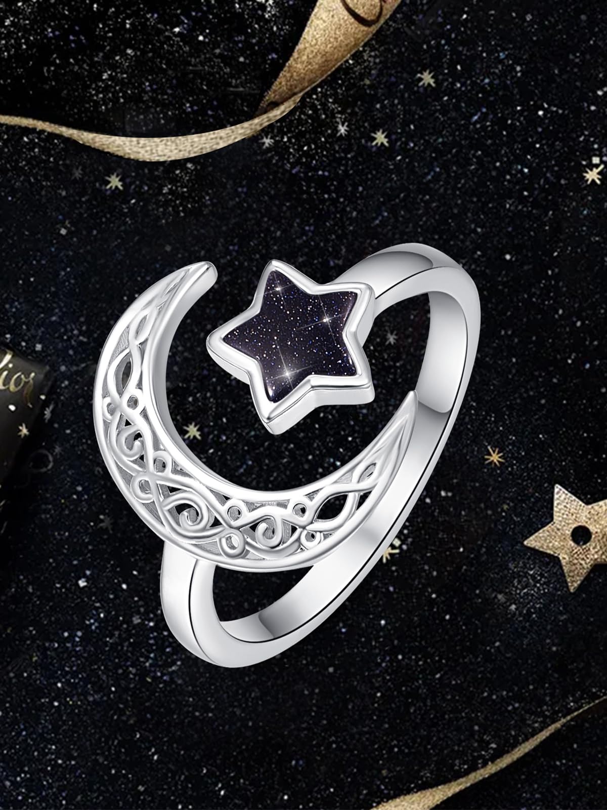 Dreamboat Sterling Silver Moon and Star Rings for Women Blue Sandstone Ring Witchy Ring Crescent Moon Ring Celestial Galaxy Ring Star Jewelry Gifts Adjustable Open Ring 7 8 9