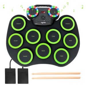 electronic drum set, 9 drum pads, roll up electric drum set with headphone jack, built-in dual speaker, drum stick, foot pedals, best gift for christmas holiday birthday