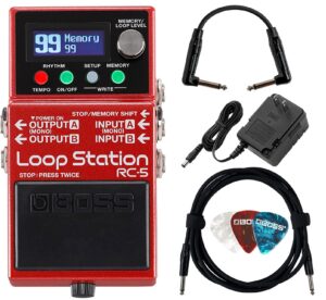 boss rc-5 loop station bundle with power adapter, 10ft instrument cable, 6in patch cable, and picks