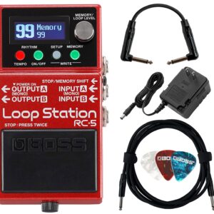 Boss RC-5 Loop Station Bundle with Power Adapter, 10ft Instrument Cable, 6in Patch Cable, and Picks