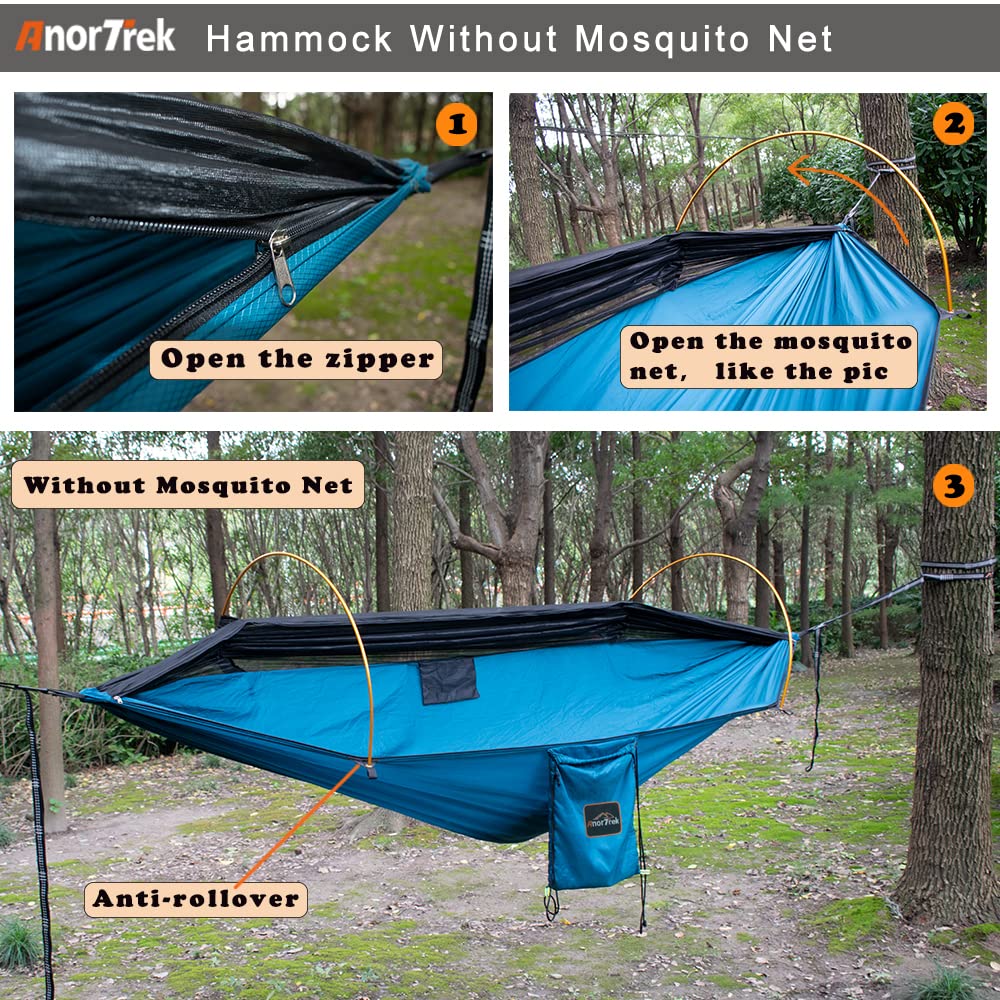 AnorTrek Professional Camping Hammock with Mosquito Net, Lightweight Portable Double Hammock with Two 10 FT Hammock Tree Straps, 230T Nylon Hammock for Camping, Hiking, Yard, Backpacking Blue