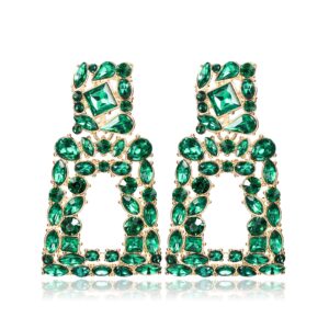 flyonce green earrings for women, emerald green rhinestone wedding party costume statement rectangle dangle geometric earrings gold-tone