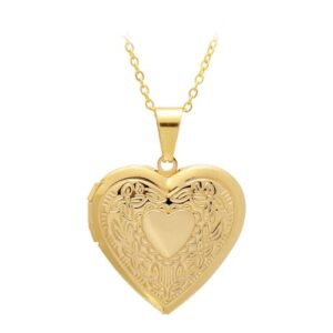 paialco stainless steel heart shaped locket pendant necklace, royal flowers, yellow gold tone