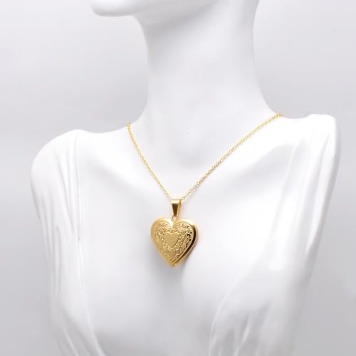 Paialco Stainless Steel Heart Shaped Locket Pendant Necklace, Royal Flowers, Yellow Gold Tone