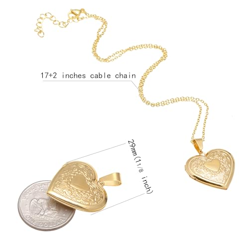 Paialco Stainless Steel Heart Shaped Locket Pendant Necklace, Royal Flowers, Yellow Gold Tone