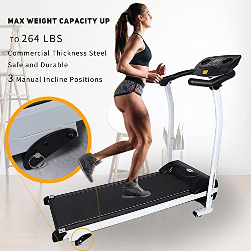 YSSOA High Performance Folding Treadmill, Workout Running Machine with LCD Display and Phone Slot, Compact Treadmill for Fitness Gym Exercise, White and Black.