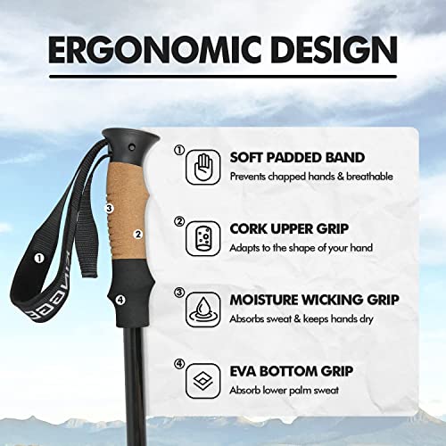 KINGGEAR Walking Stick for Hiking - Adjustable Quick Flip Lock Trekking Poles, Collapsible, Lightweight 7075 Aluminum, Natural Anti-Sweat Cork Grips, All Terrains