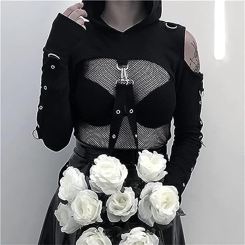 Goth Crop Top Hoodies For Women Hoodie Aesthetic Punk Black Sweatshirt Rave Outfit Emo Teen Girls Long Sleeve Workout