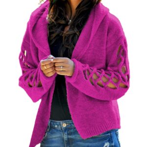 womens cardigan sweater hooded hollow sleeve criss-cross solid color plain knitted tops loose knit outerwear knitwear shrug jumper(xl,a fuchsia)