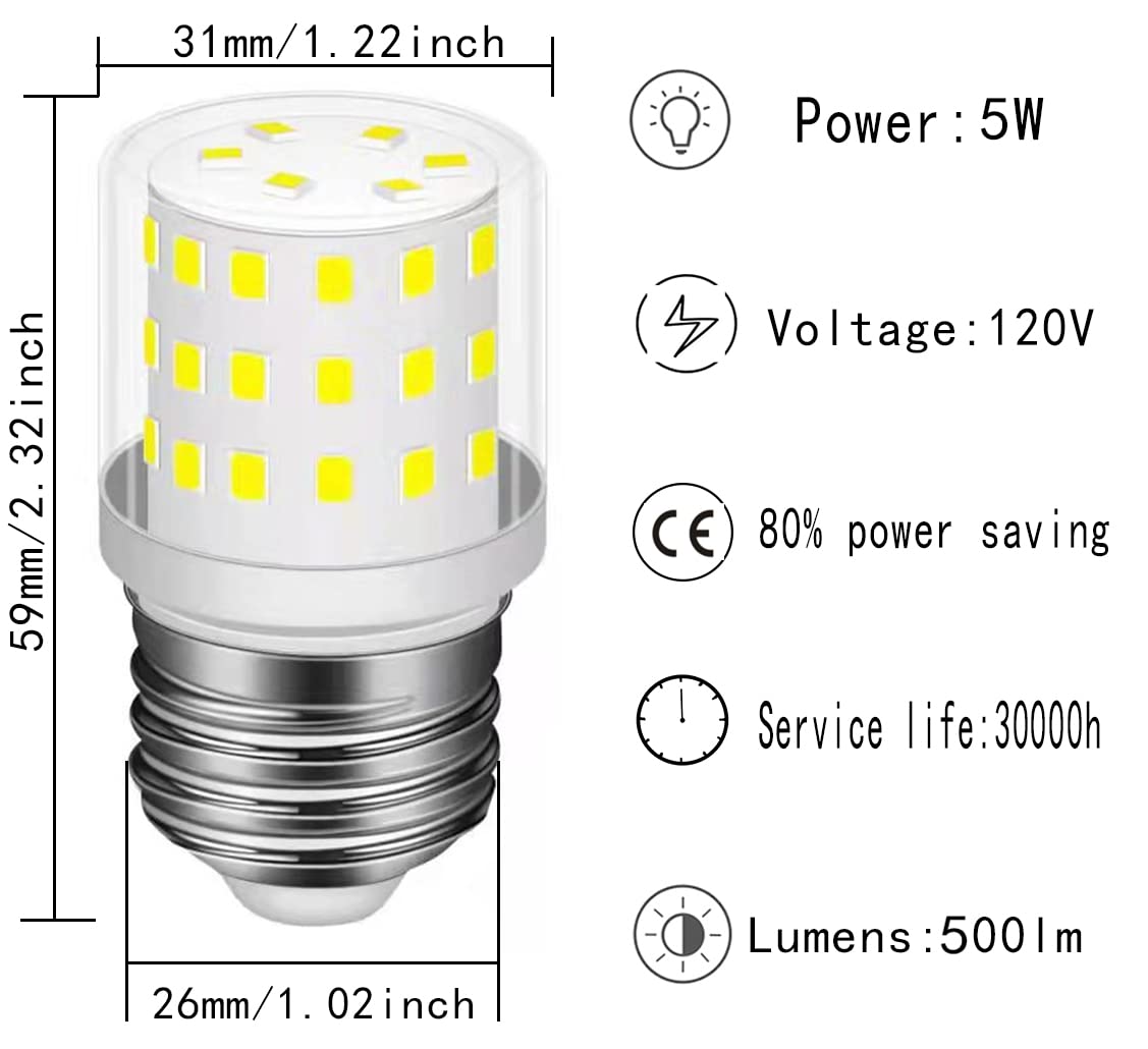 Refrigerator Light Bulb 5W 50W Equivalent Fridge Freezer Waterproof LED Bulbs E26 Medium Base T10 Tubular 120V Daylight White 6000K, 2 Count (Pack of 1)