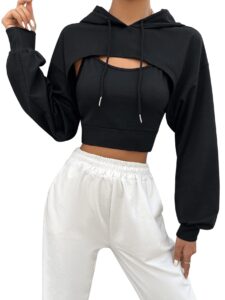 sweatyrocks women's 2 piece outfits long sleeve pullover crop top sweatshirts hoodie and cami tank top set black s