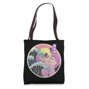 japanese vaporwave japan style cat. great wave of kanagawa tote bag