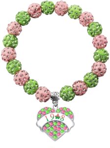 tongxin greek sorority paraphernalia gifts sorority bracelet leaf pendant jewelry pink and green bead bracelet for women (heart charm)