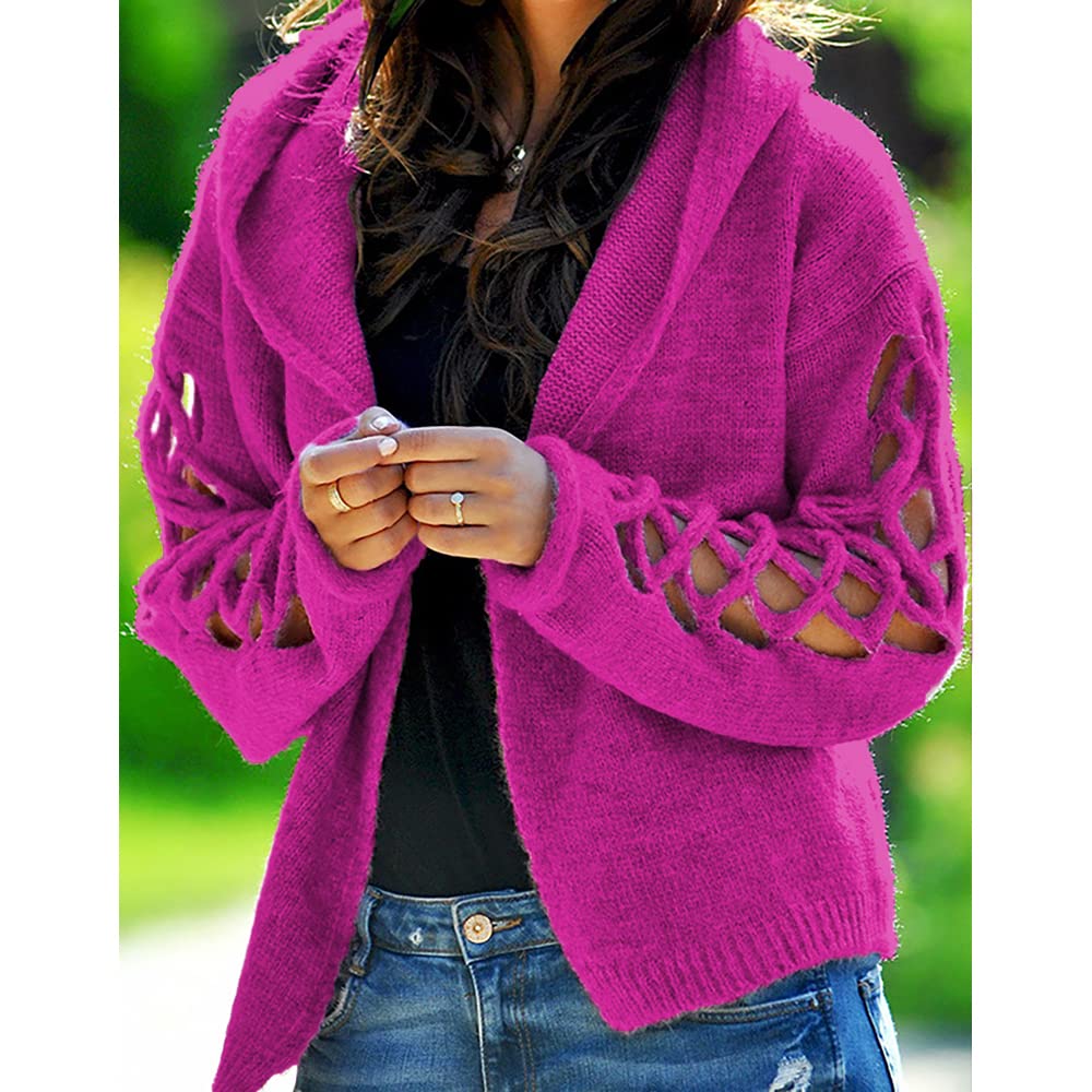 Womens Cardigan Sweater Hooded Hollow Sleeve Criss-Cross Solid Color Plain Knitted Tops Loose Knit Outerwear Knitwear Shrug Jumper(XL,A Fuchsia)