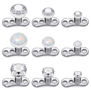 piercingpops 9pcs 14g stainless steel cubic zirconia/opal dermal anchor tops and base microdermals for body piercing (b: 9pcs-mixed style)