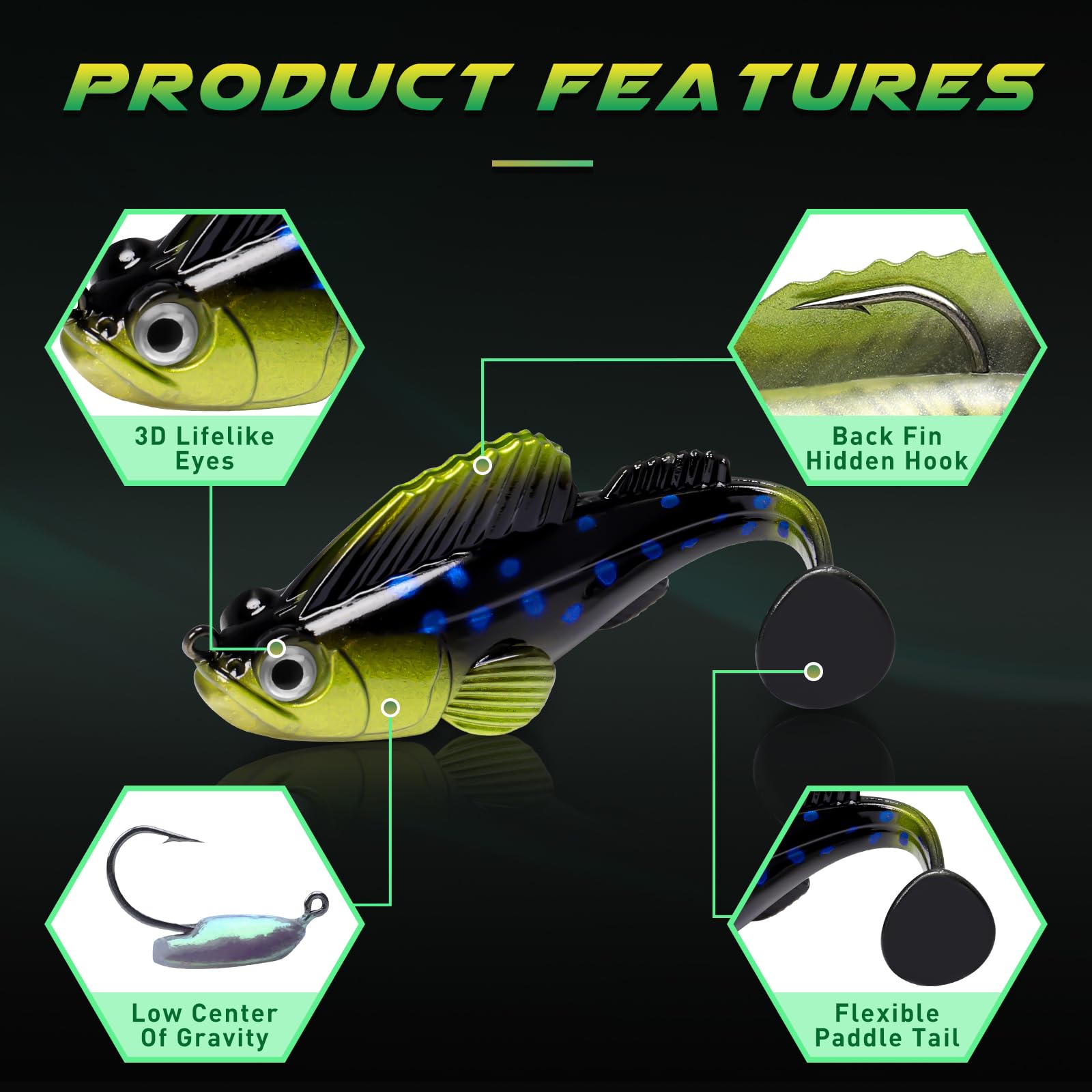 Gotour Weedless Soft Fishing Lures for Freshwater and Saltwater, Premium Pre-Rigged Jig Head Paddle Tail Swimbaits for Bass Fishing，Jigs Fishing Bait for Crappie Trout Walleye, Amazing Fishing Gifts