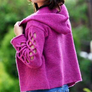 Womens Cardigan Sweater Hooded Hollow Sleeve Criss-Cross Solid Color Plain Knitted Tops Loose Knit Outerwear Knitwear Shrug Jumper(XL,A Fuchsia)