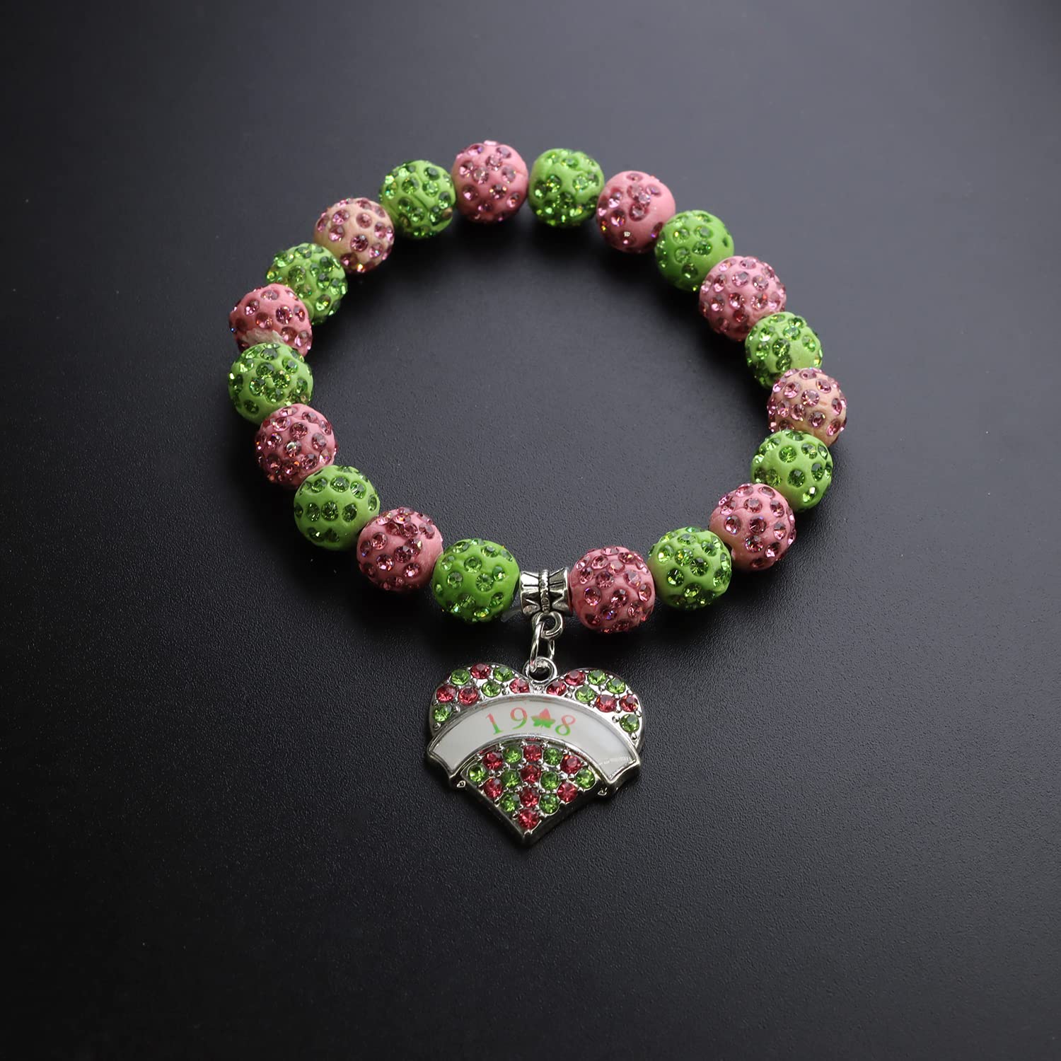 TongXin Greek Sorority Paraphernalia Gifts Sorority Bracelet Leaf Pendant Jewelry Pink and Green Bead Bracelet for Women (Heart Charm)