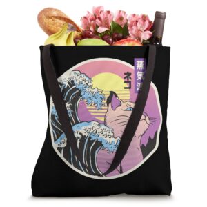 Japanese Vaporwave Japan Style Cat. Great Wave of Kanagawa Tote Bag