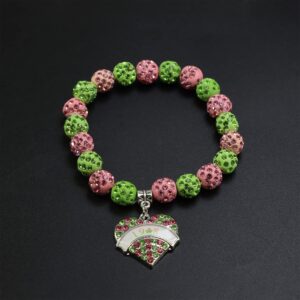 TongXin Greek Sorority Paraphernalia Gifts Sorority Bracelet Leaf Pendant Jewelry Pink and Green Bead Bracelet for Women (Heart Charm)