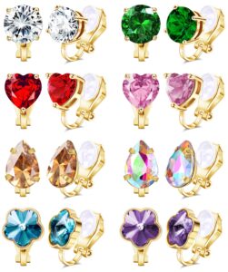 haiaiso 8 pairs clip on earrings set for women non pierced clip on earrings for cz heart butterfly flower earrings hypoallergenic non-piercing fake earrings vibrant color birthstone clip on earrings