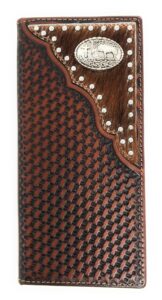 western tooled genuine leather cowhide cow fur praying cowboy men's long bifold wallet in 3 colors (cowfur brown)