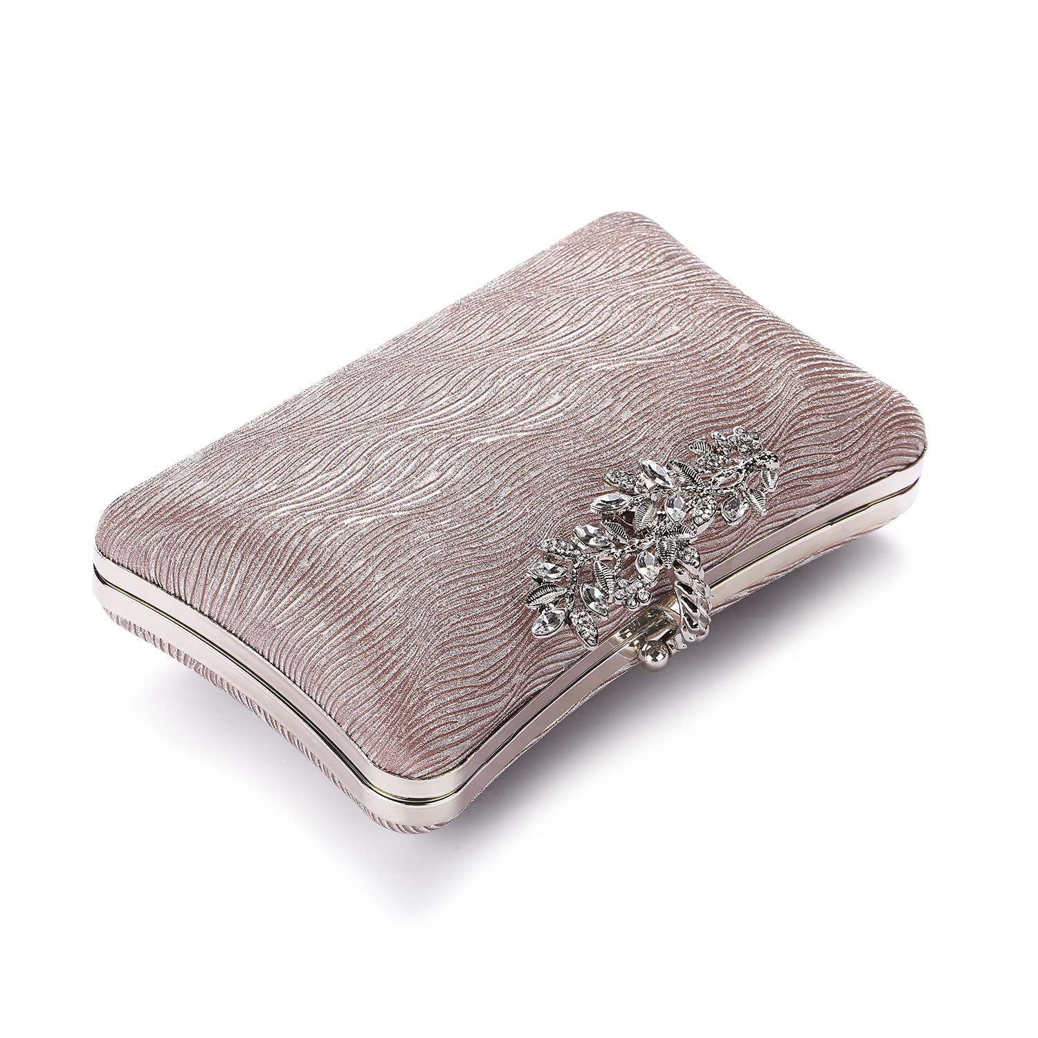 Mulian LilY Rose Gold Giltter Evening Bags For Women With Flower Closure Rhinestone Crystal Embellished Clutch Purse For Party Wedding M408