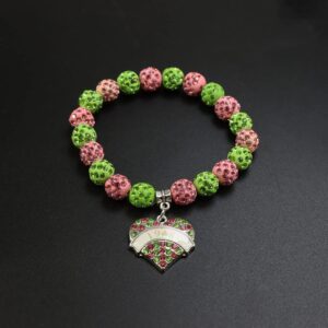 TongXin Greek Sorority Paraphernalia Gifts Sorority Bracelet Leaf Pendant Jewelry Pink and Green Bead Bracelet for Women (Heart Charm)