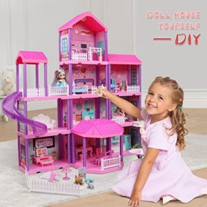 DIY Princess House for Kids, Creative Dollhouse Kit w/ Furniture, Dream Doll House for 3 4 5 6 7 8 Year Old Girls, Christmas Toys Gifts for Kids