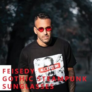 FEISEDY Retro Gothic Steampunk Sunglasses Round Metal Frame Punk Circle Inspired Shade Men B1857