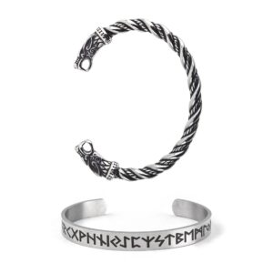 turtledove viking wolf fenrir bangle – 2 pcs stainless steel norse scandinavian torc – rune bangle bracelet