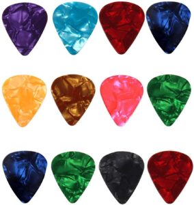 lynnelee guitar picks multi color includes thin, medium, heavy felt with storage box case for ukulele, guitar, bass (12picks)