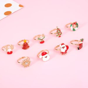 Frodete 9 Pcs Christmas Rings for Women,Rhinestone Christmas Ring Set Gold Santa Claus Bow Snowflake Reindeer Rings for Girls